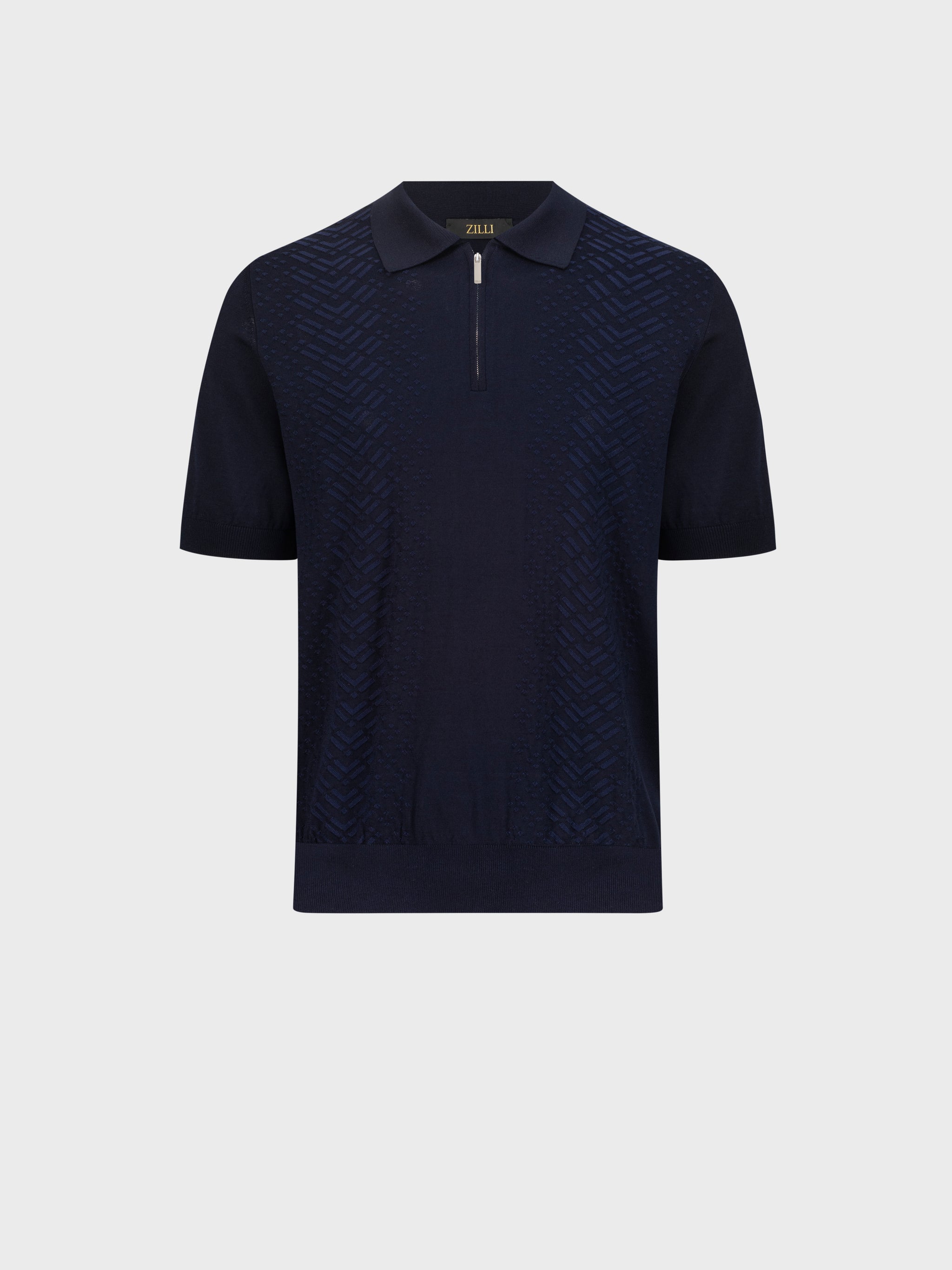 "Micro Lozenges" Silk and Cotton Knit Polo - Blue Navy